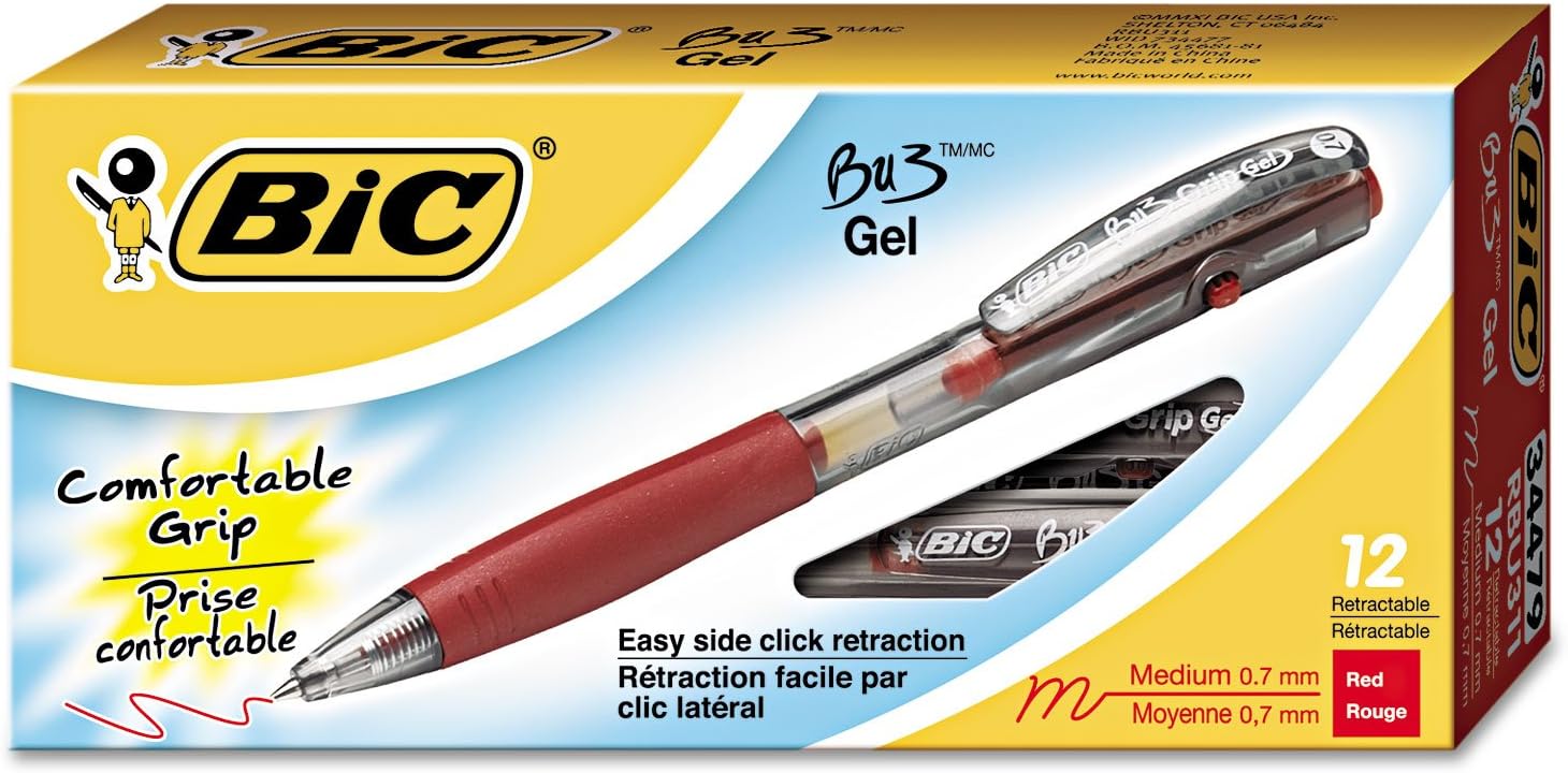 Amazon.com: BIC RBU311RD BU3 Retractable Gel Roller Ball Pen, Medium ...