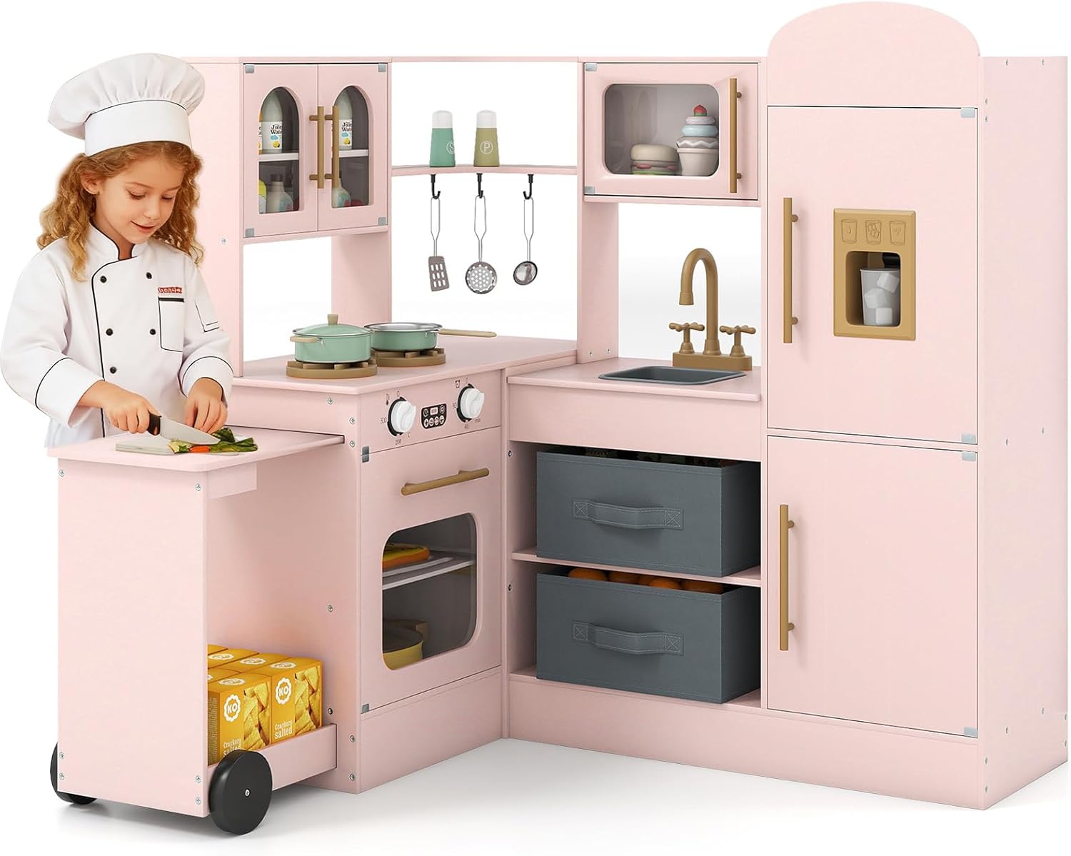 Amazon.com: HONEY JOY Corner Play Kitchen with Rolling Cart, Wooden ...