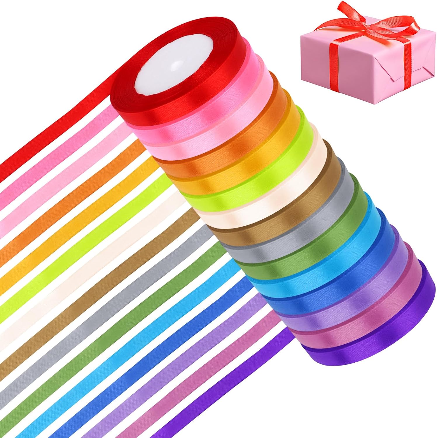 15 Couleurs Ruban Satin, 10mm x 22m Ruban Tissu, Decoratif d'Emballage ...