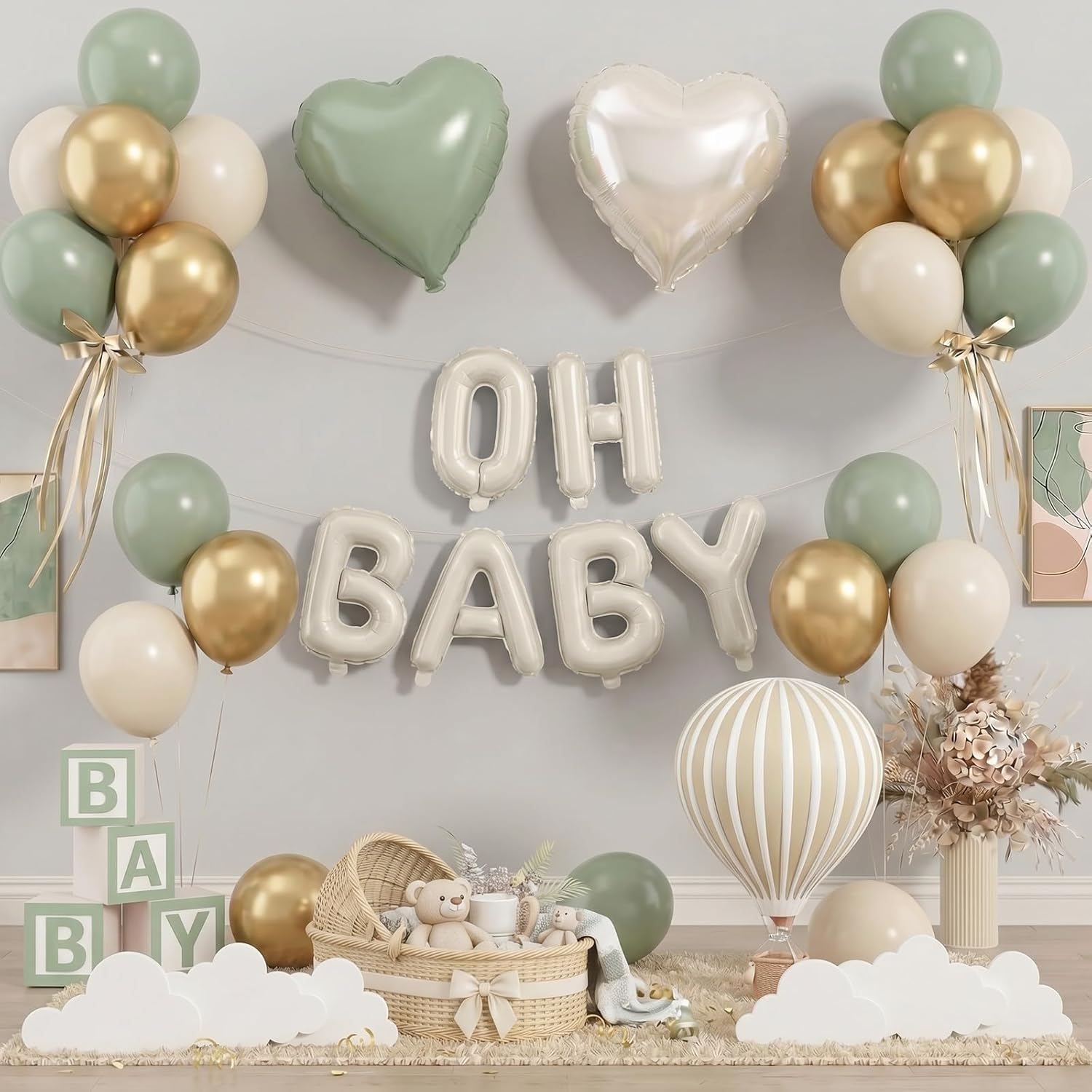 Amazon.com: Sage Green Cream Baby Shower Decorations, Welcome OH BABY ...