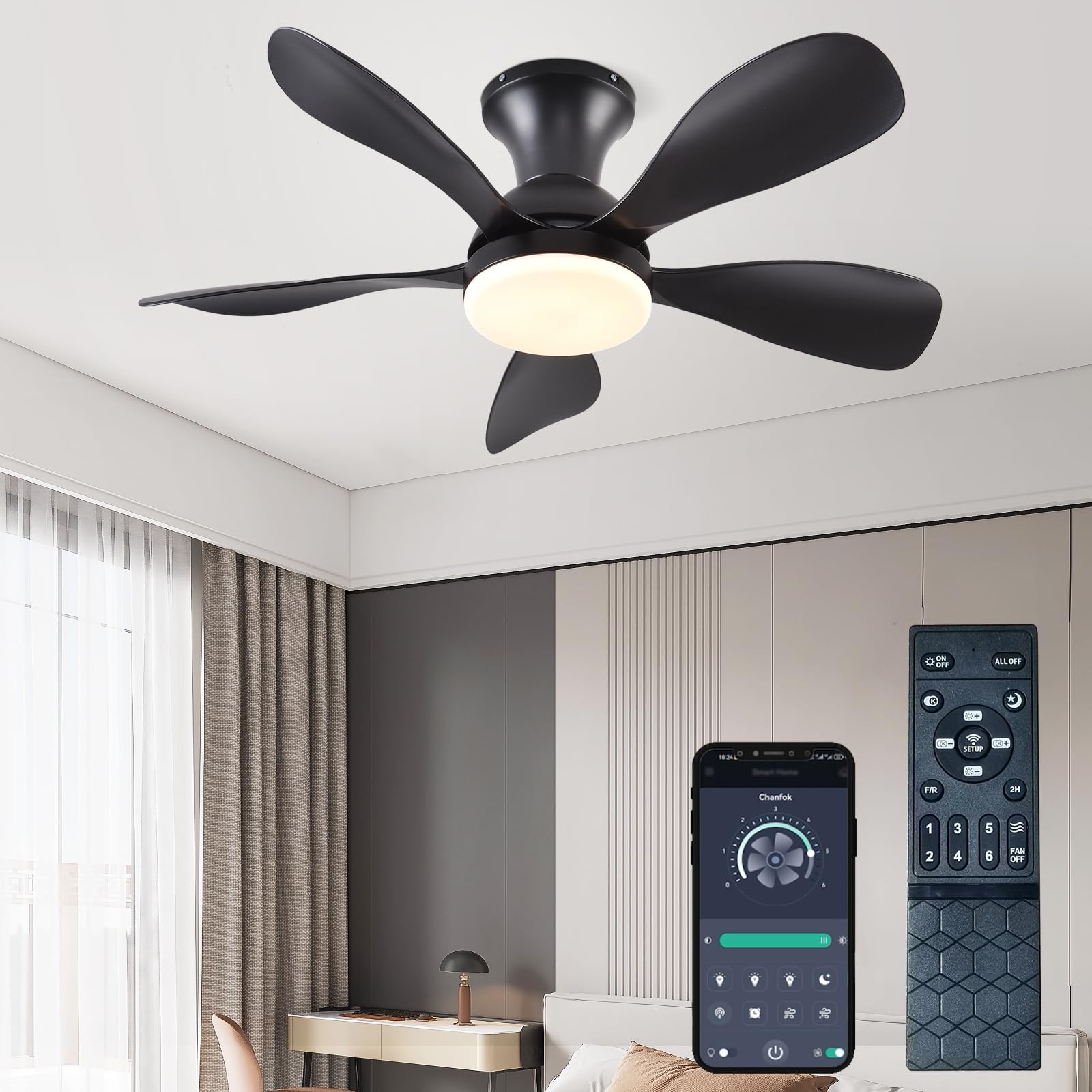 FUMLTP 33In Black Low Profile Ceiling Fans with Lights and Remote/APP ...