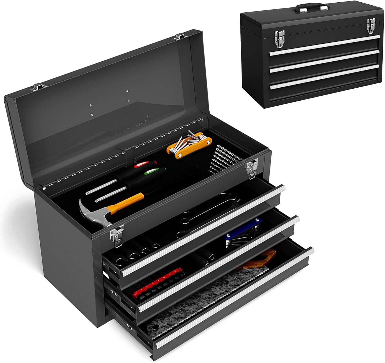 ERGOMASTER Portable Tool Box, Metal Tool Box with 3 Drawers, Lockable ...