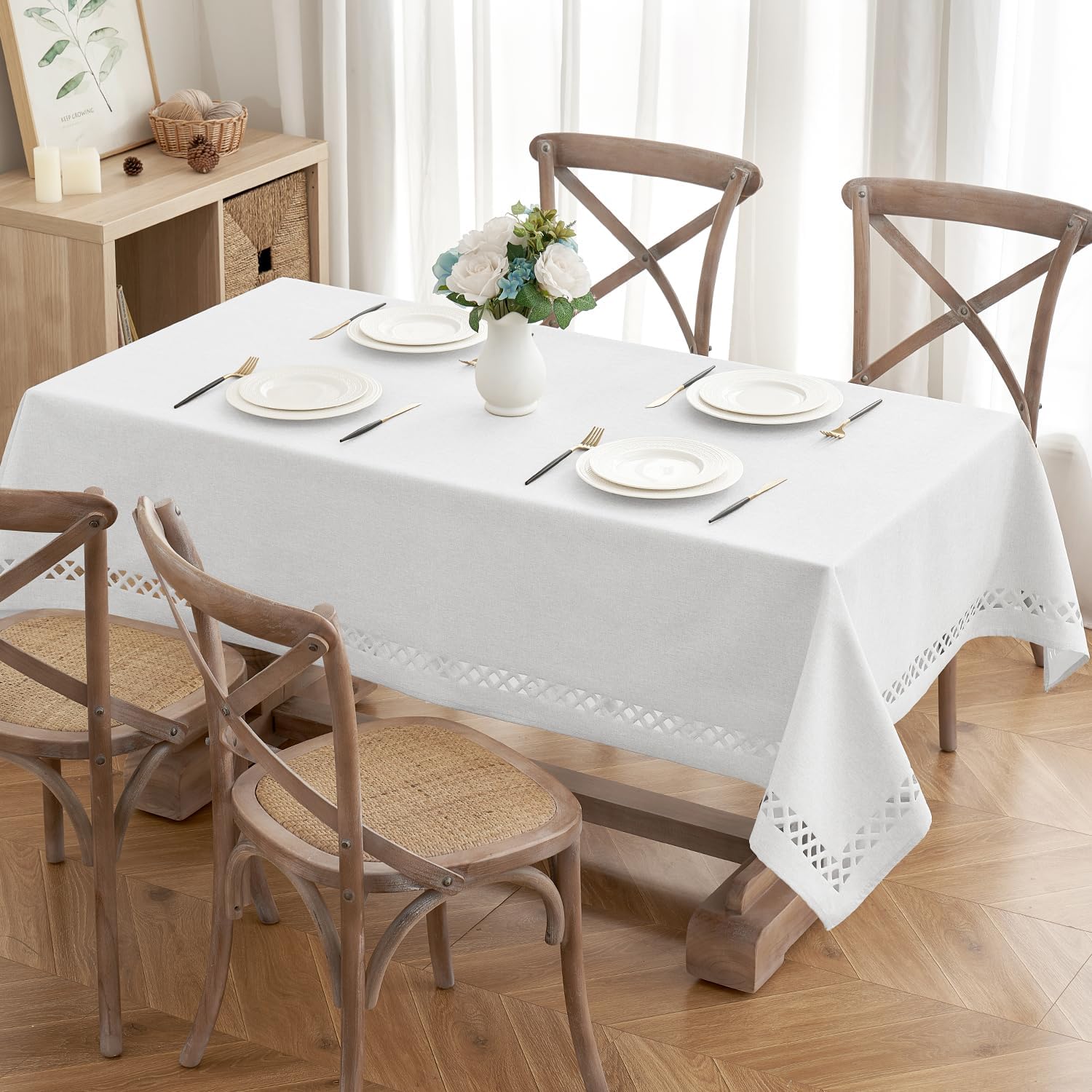 MIULEE White Linen Textured Rectangle Tablecloth Decorative Cutouts ...