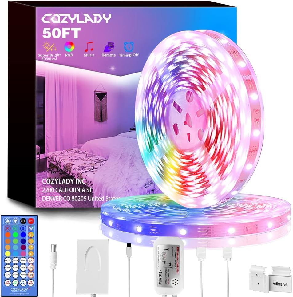 Cozylady LED Lights Strip 50FT(2 Rolls of 25ft), 15M LED Strip Lights for Bedroom, Led Strip ...