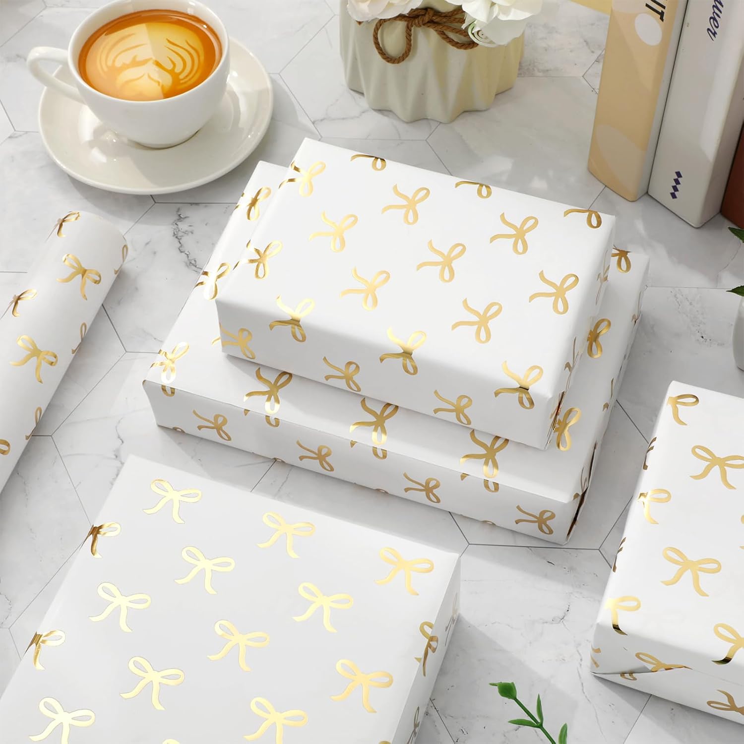 Amazon.com: JarThenaAMCS Gold Foil Bow Wrapping Paper -Mini Roll- 17In ...