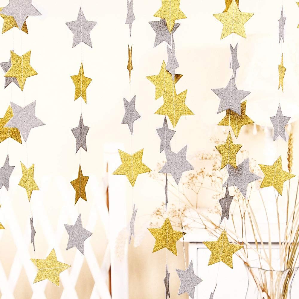 Amazon.com: 50 ft Twinkle Star Paper Silver & Gold Garland Bunting ...