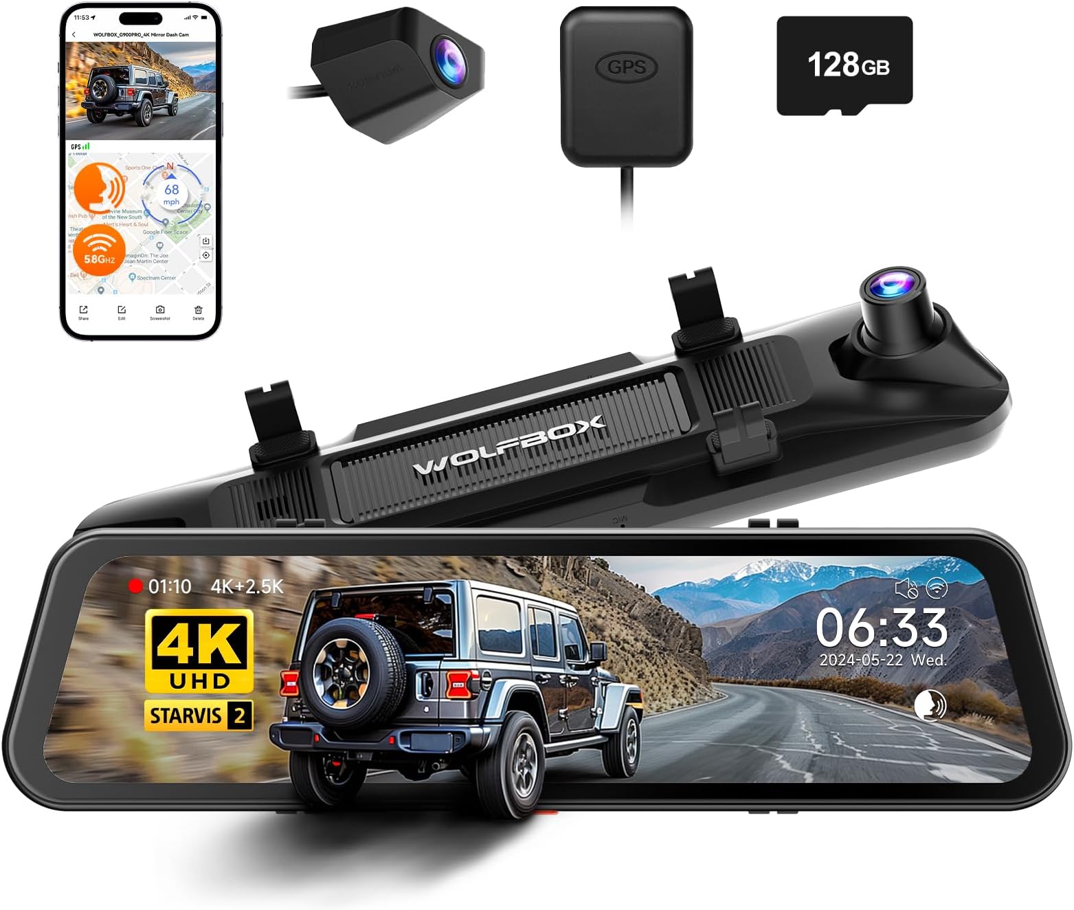 WOLFBOX G900 PRO, 12-inch Mirror Dash Cam with STARVIS 2 IMX678, Front ...