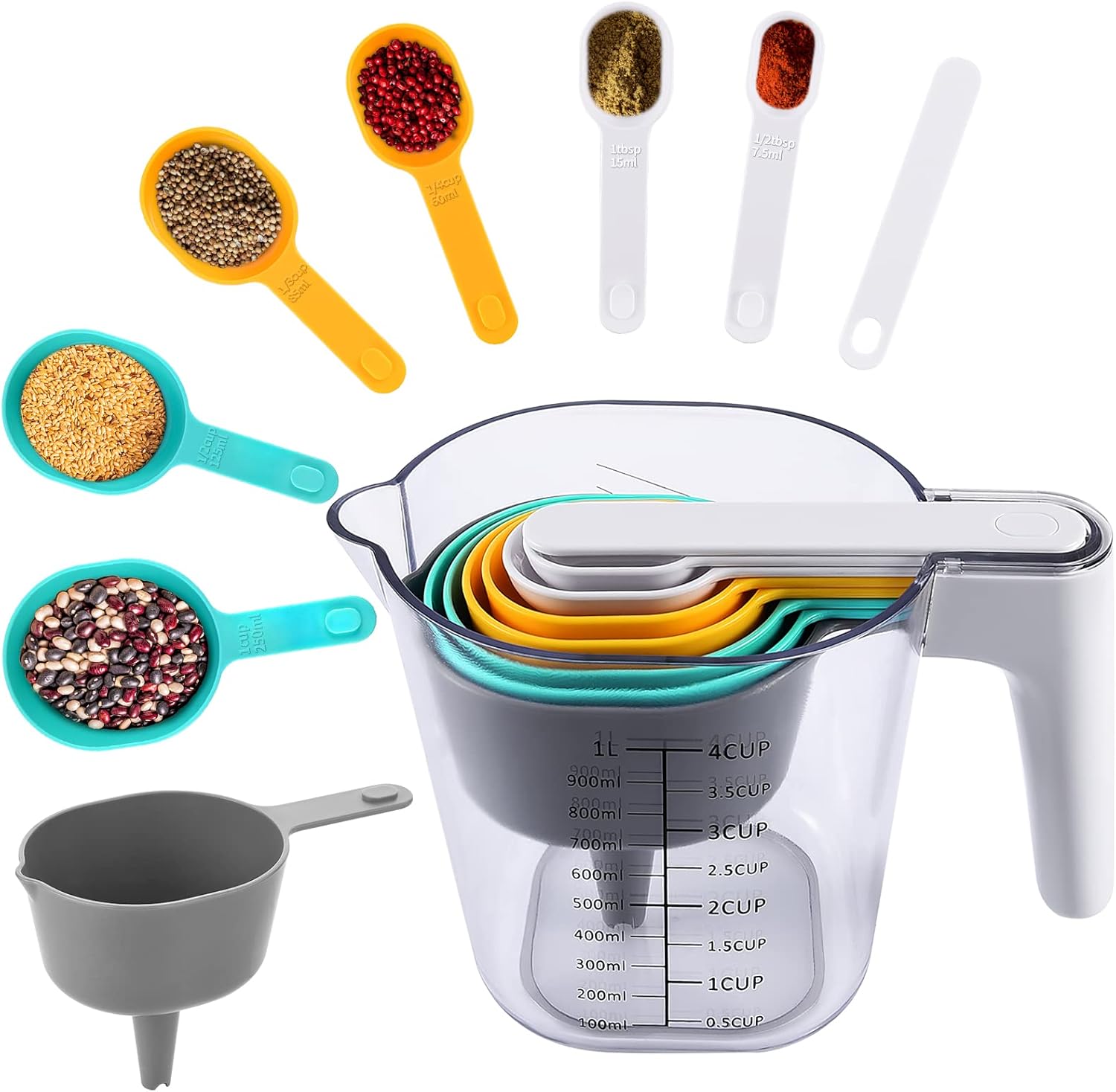 AUKOW Measuring Jug Cup & Spoons Set - Plastic Measure Cups Small Scoop ...