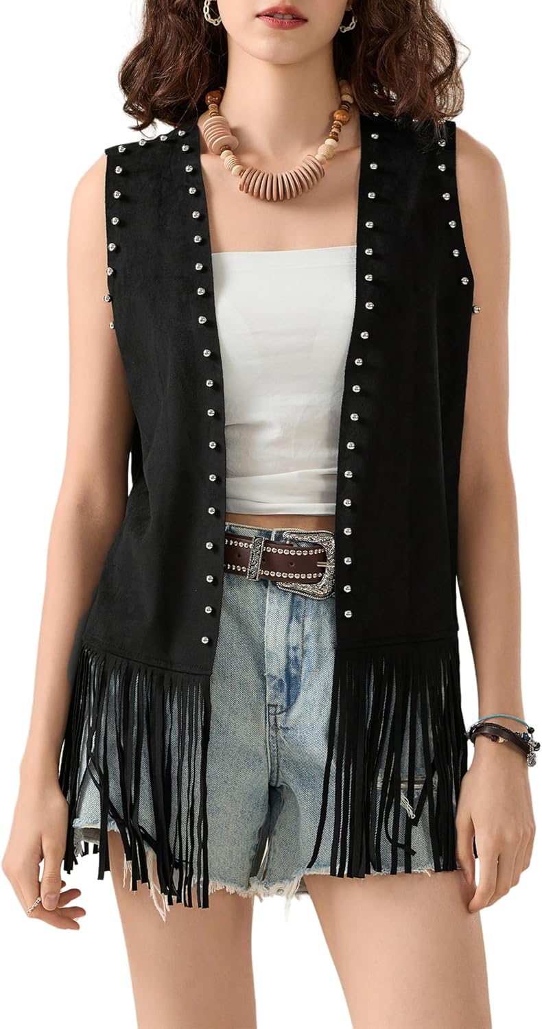 Amazon.com: Women Fringe Vest 70s Hippie Costume Sleeveless Rivets ...