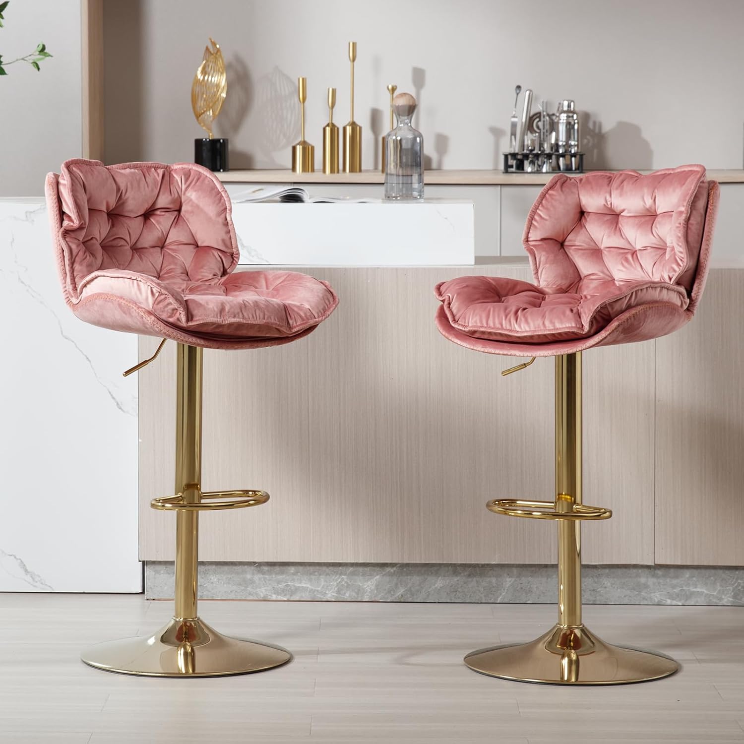 Amazon.com: Kmax Velvet Tufted Barstools Set of 2, Modern 360° Swivel ...