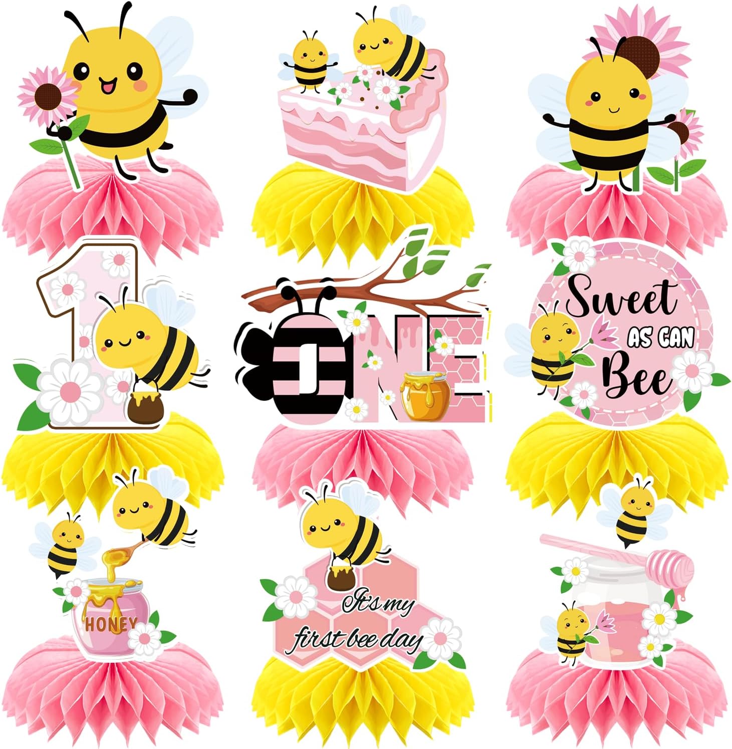 Amazon.com: 9pcs Happy 1st Bee Day Honeycomb Centerpieces Bumble Bee ...
