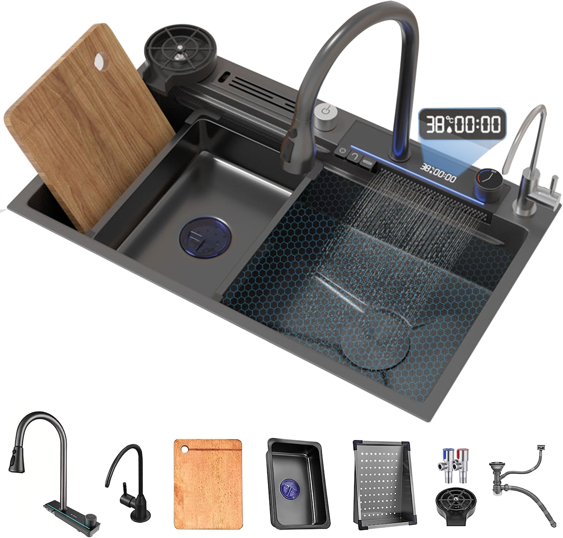 BRONSTARZ Black Nano Kitchen Sink Stainless Steel Waterfall Sink with ...