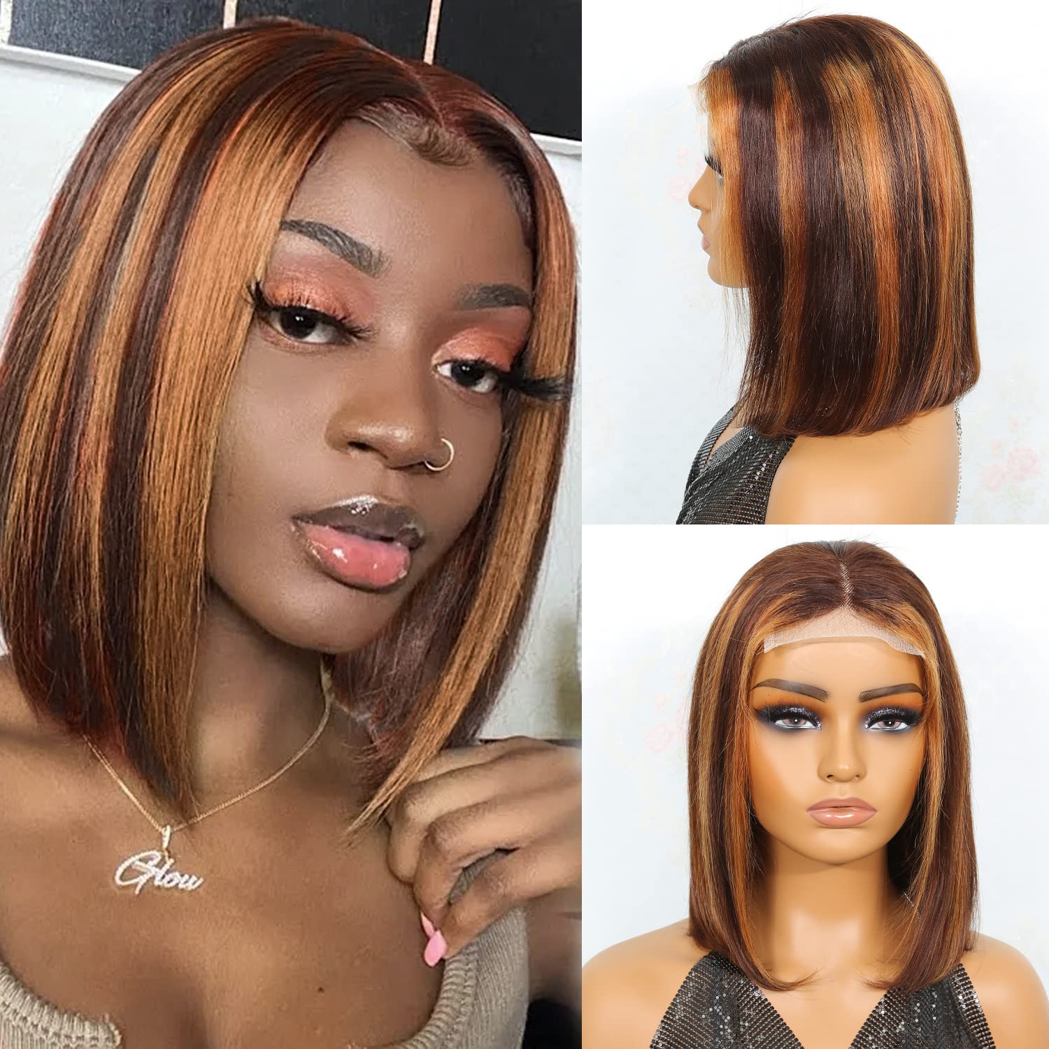 Amazon.com : YYONG Highlight Bob Wig Human Hair 4x4 Lace Closure Wig 4/ ...