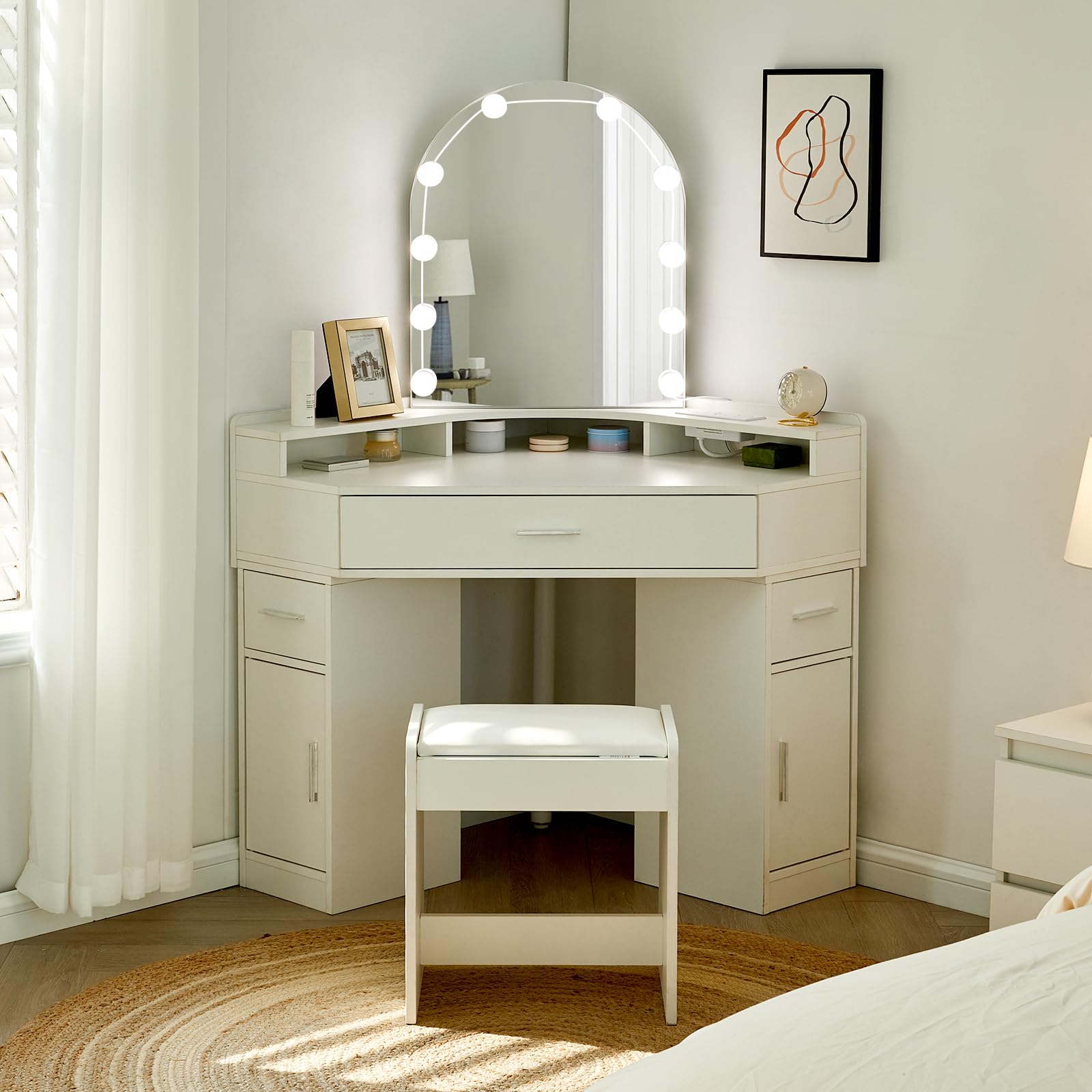 TUKAILAi White Dressing Table with Hollywood LED Lights, 2 Doors 3 ...