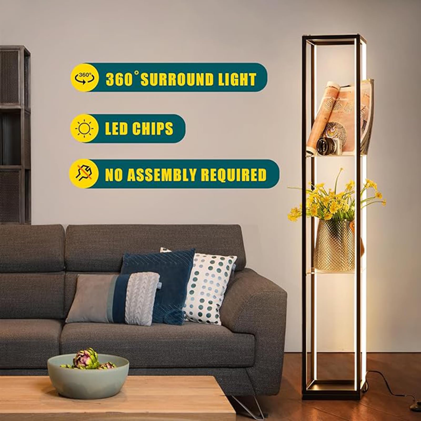 KARMIQI Floor Lamp with Shelves - 49 Inch LED Standing Lamps with ...