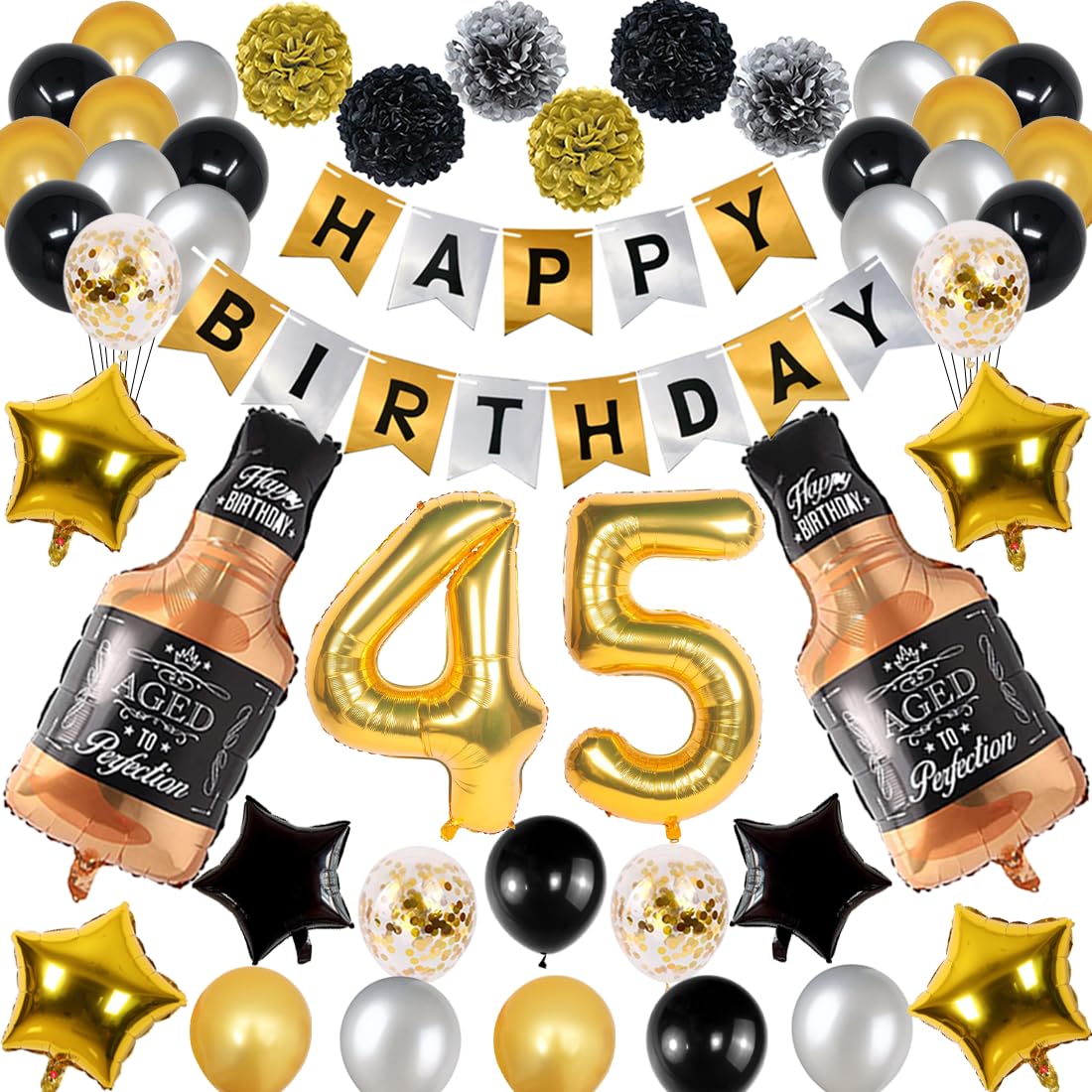 Amazon.com: NANINUNENO 45th Gold Birthday Decorations, Gold Black ...