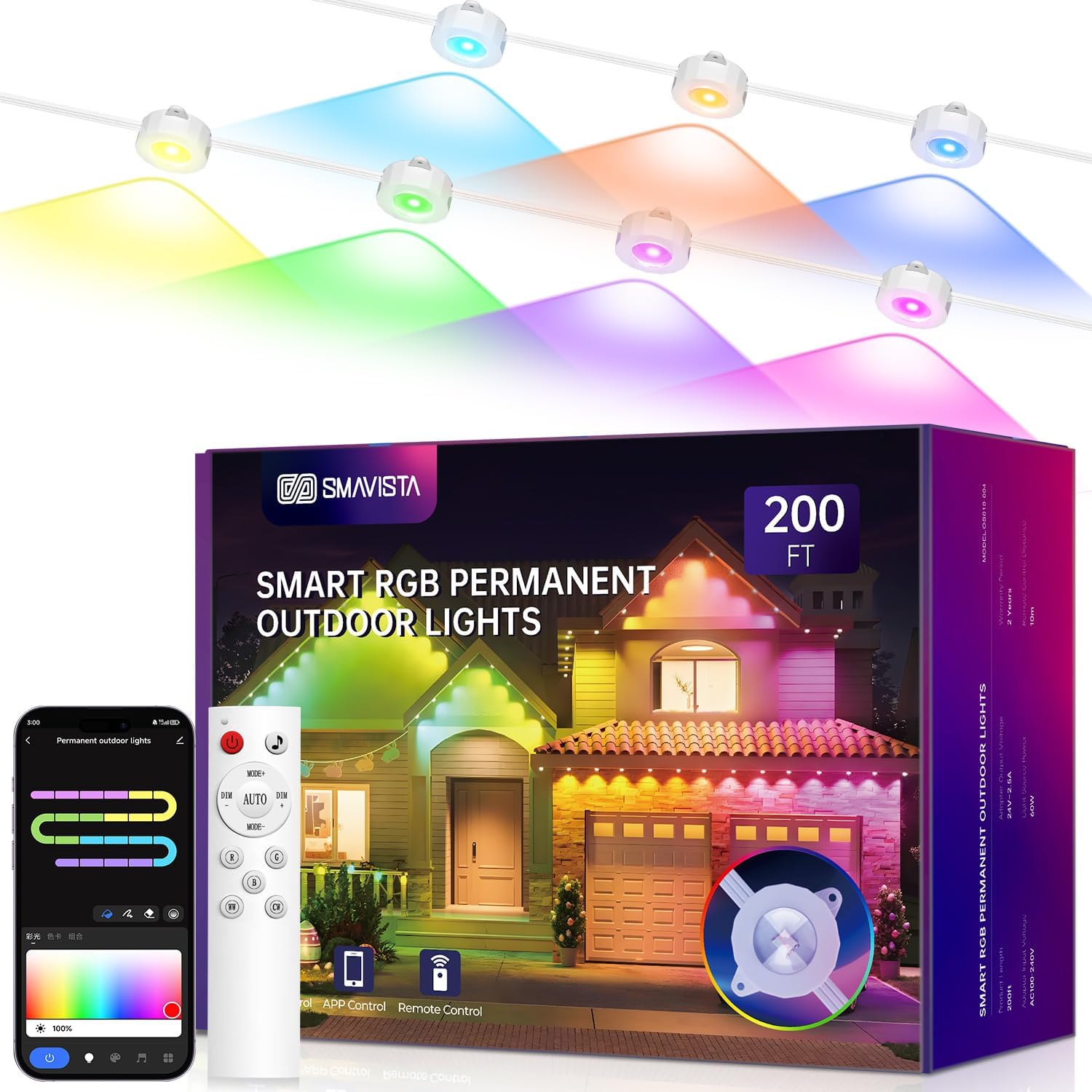 SMAVISTA Smart Permanent Outdoor Lights, 200ft with 144 LED RGB String ...