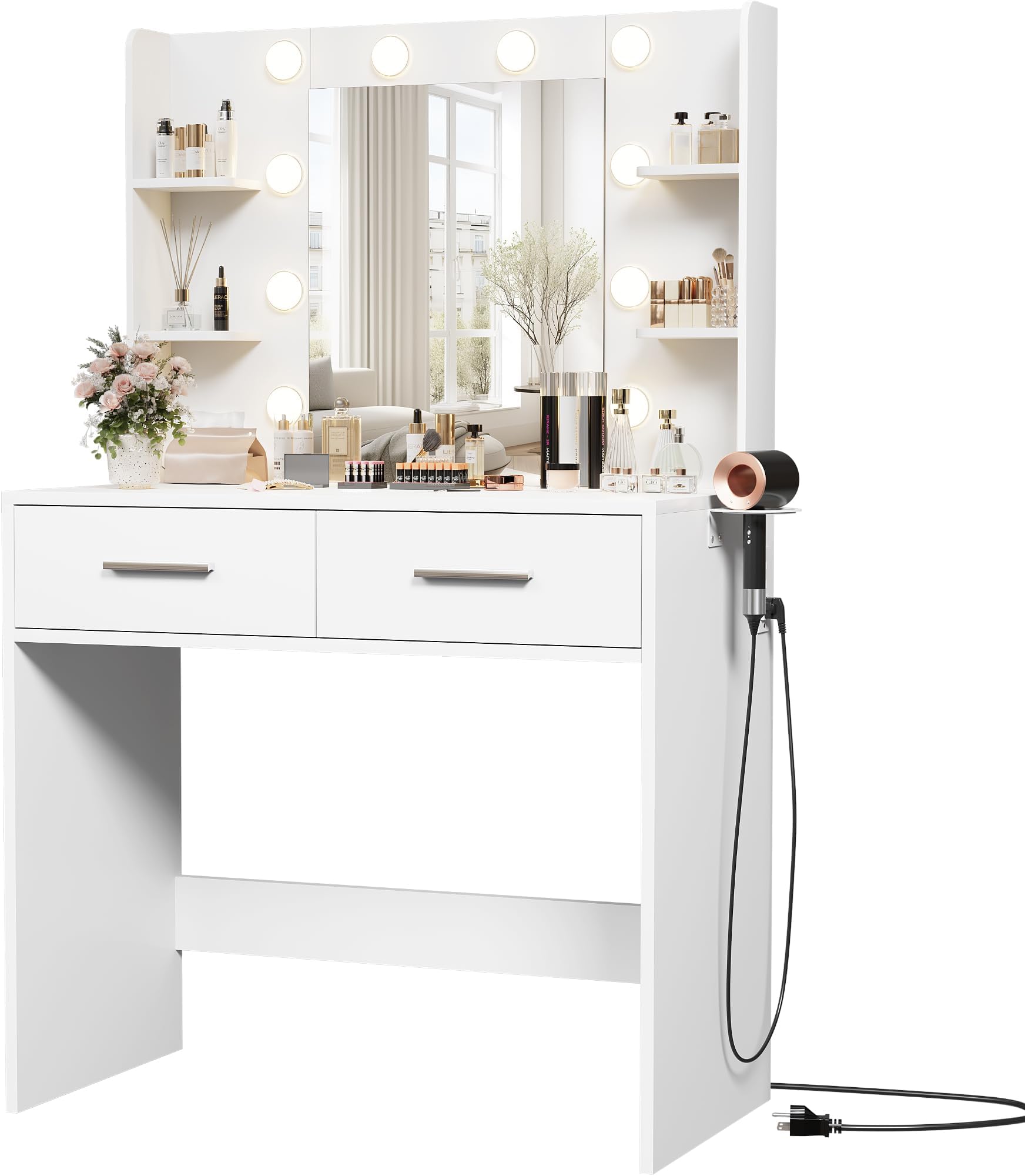 Amazon.com: Acurax Vanity Desk with Mirror and 10 Lights, Makeup Table with 7 Drawers and Open ...