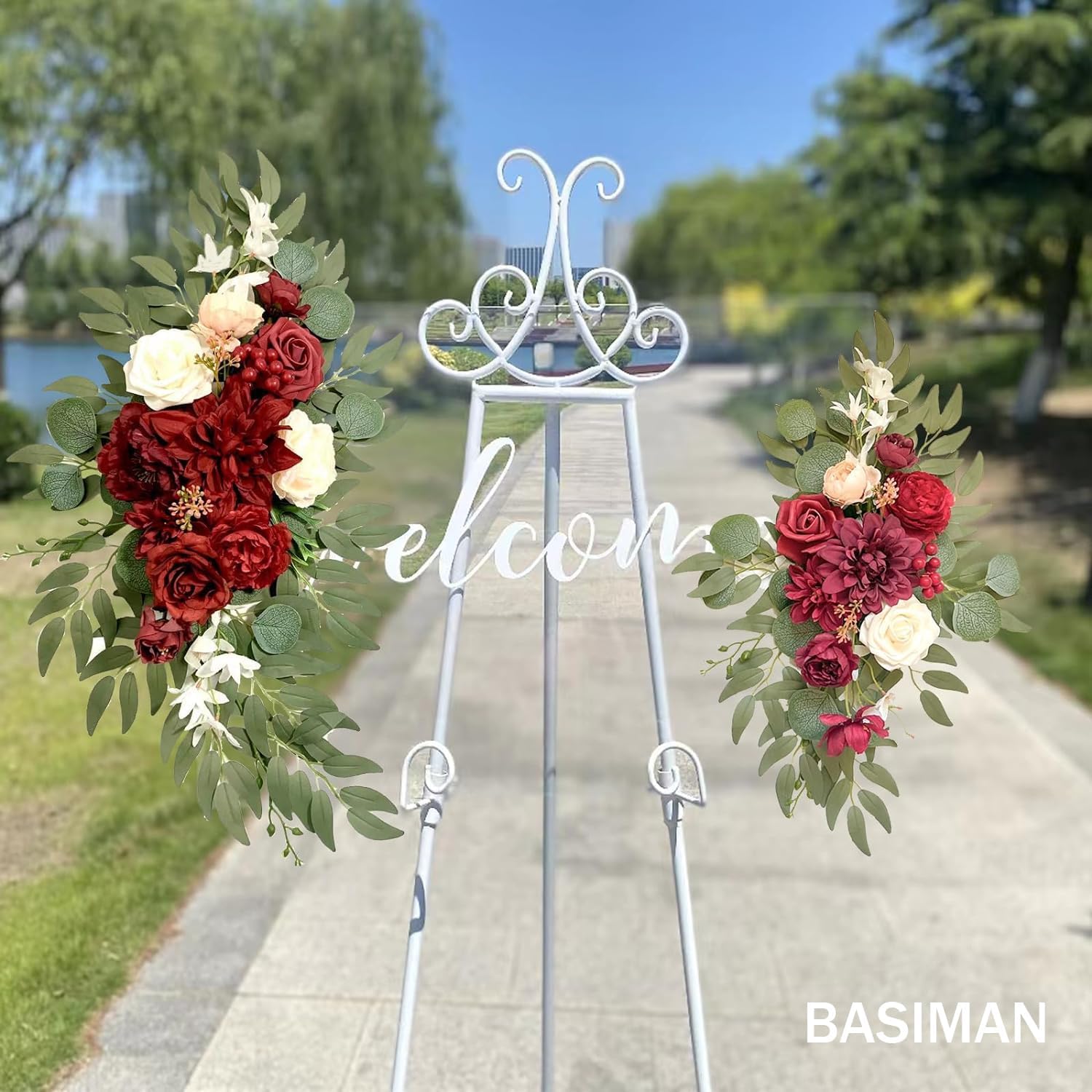 BASIMAN Artificial Flower Swag Set of 2 for Wedding Welcome Sign Floral ...