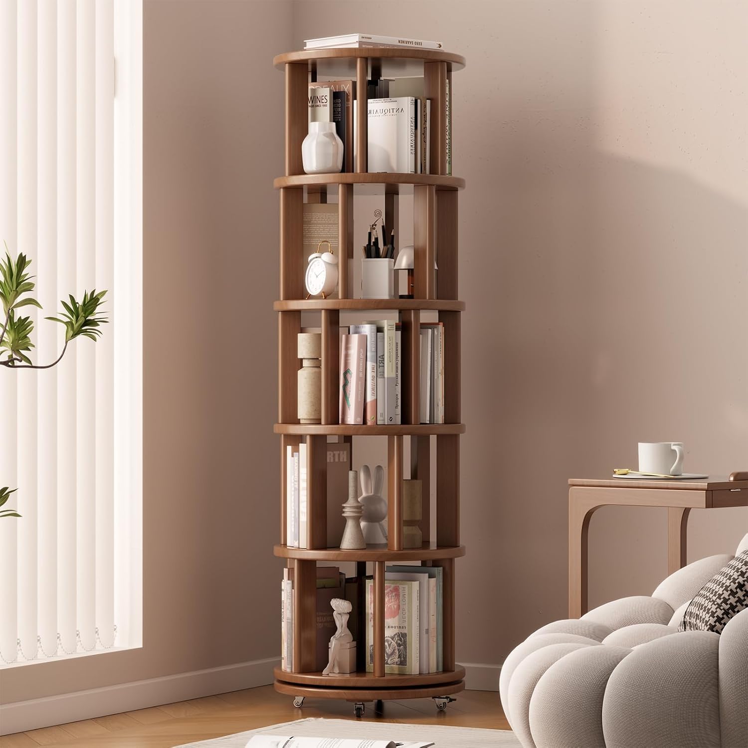 Amazon.com: KASLANDI Solid Wood Rotating Bookshelf with Brake Wheels ...