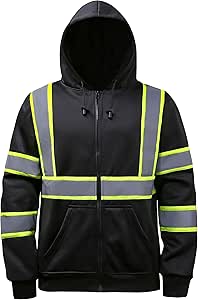 DPSAFETY High visibility Hoodie for Men,Class3 Hi Vis Hoodie with Zipper,Reflective Hooded Hood ...