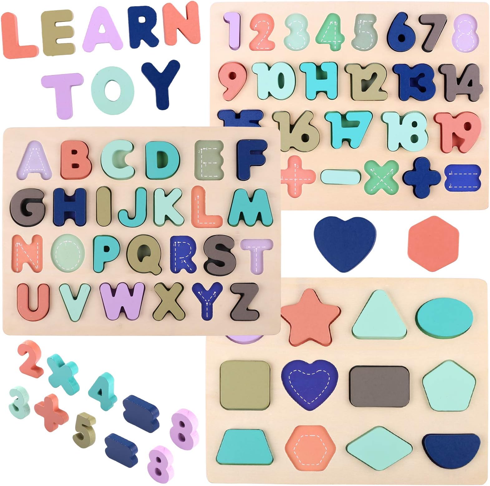Wooden Puzzles for Toddlers, Voamuw Alphabet Number Shape Learning ...