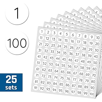 50 Sheets Number Stickers 1 to 100 Round Number Self Adhesive Stickers ...