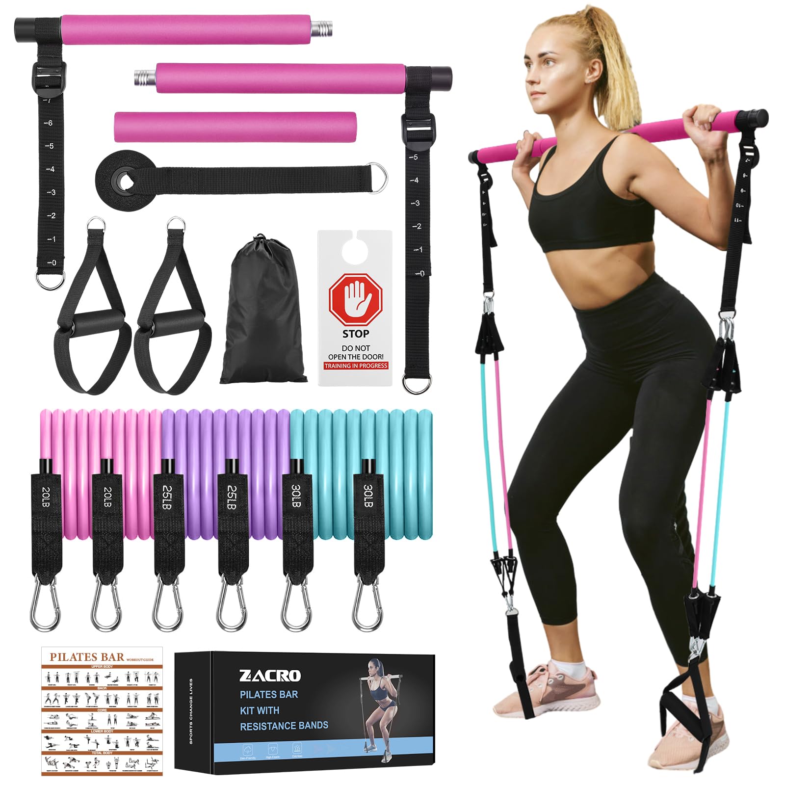 Buy ZacroPilates Bar Kit with Resistance Bands, 3-Section Pilates Bar ...