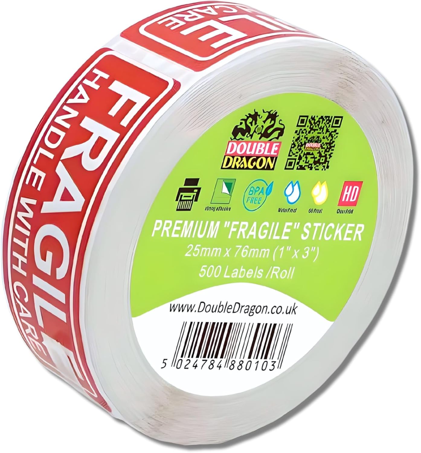 Double Dragon Fragile Stickers, 500 Labels, 1" x 3" (25mm x 76mm), Red ...
