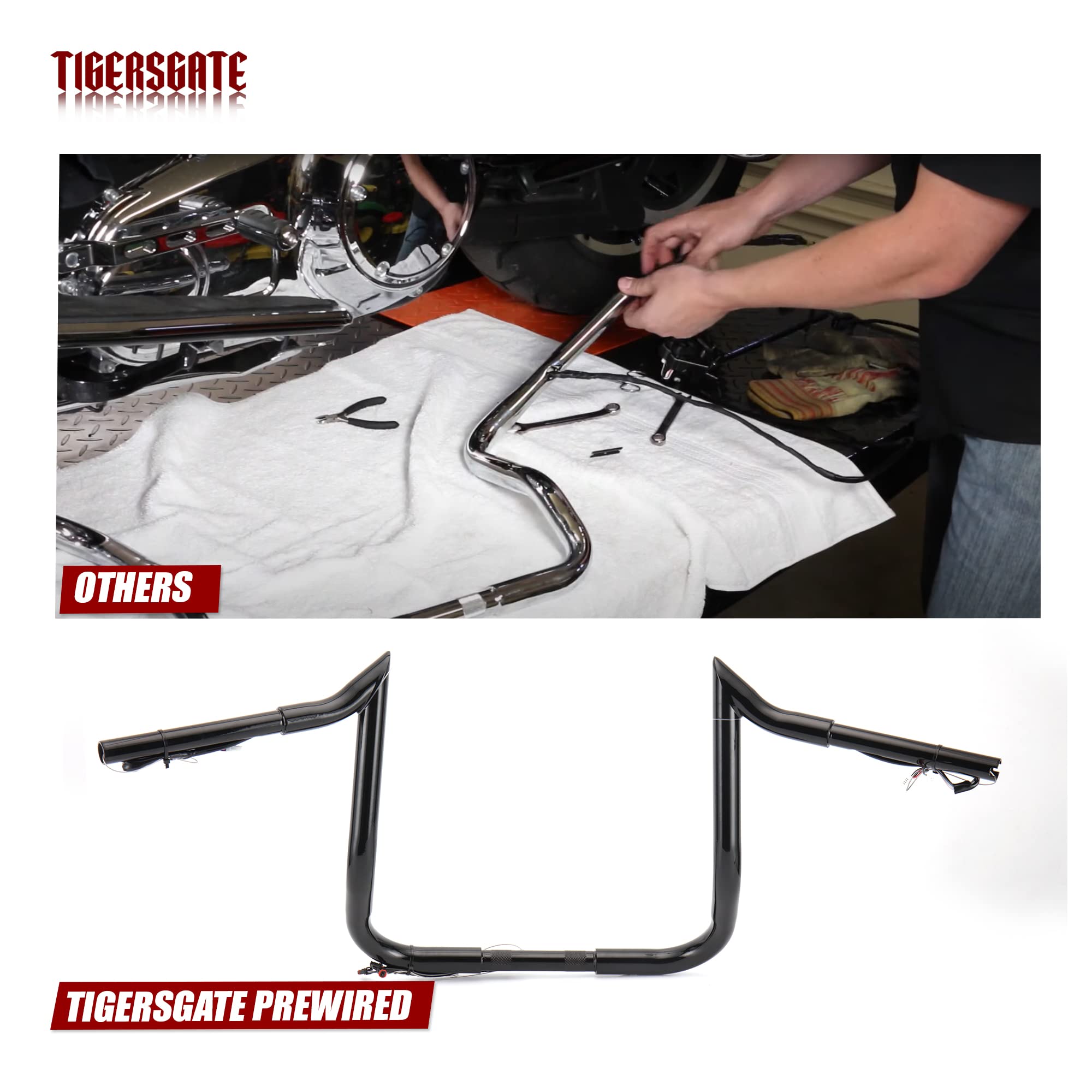 TIGERSGATE Black PRE-WIRED 14" Meathook Monkey Bar 1 1/4" Bagger Apes ...