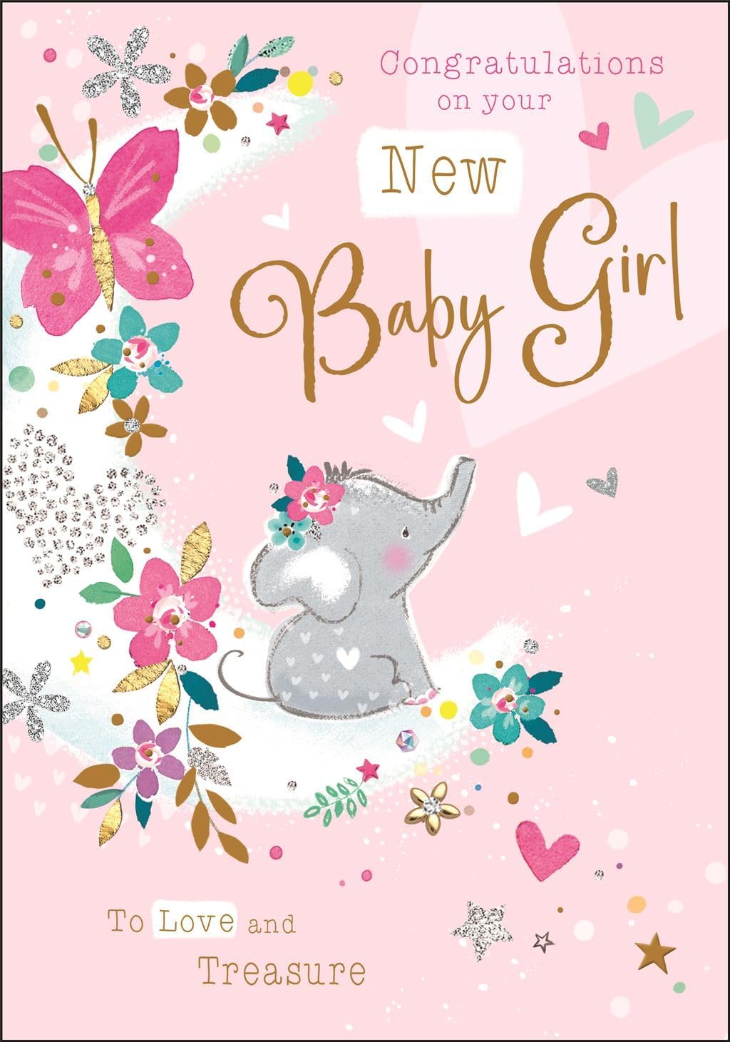 New Baby Girl Birth Congratulations Card - Elephant and Flowers ...