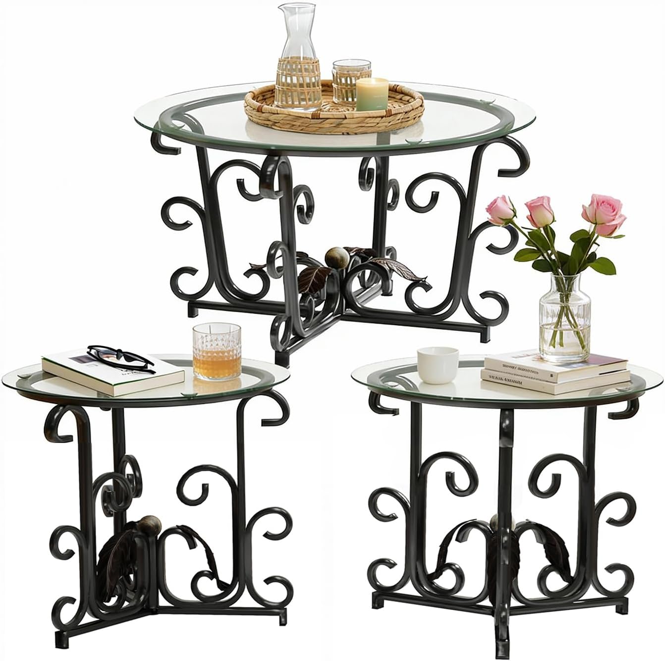 Amazon.com: TOPKEY 3-Piece Coffee Table Set, Retro Black Metal Frame ...