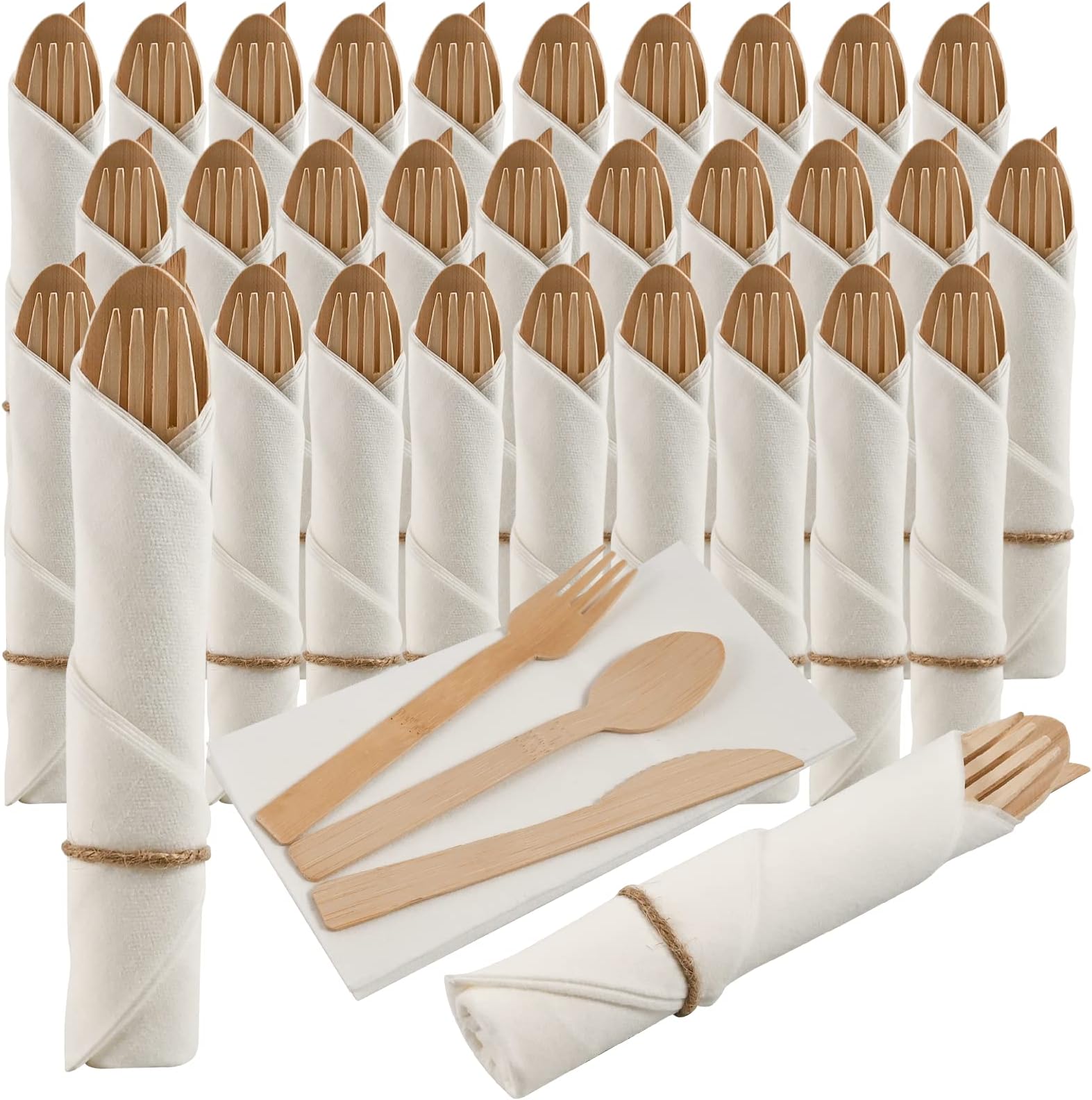 Amazon.com: Layhit 50 Set Bamboo Cutlery Set with Pre Rolled Napkin and ...