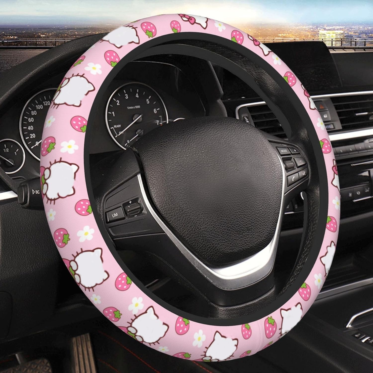 Pink Kitten Cat Car Accessories Cute Strawberry Steering Wheel Cover ...