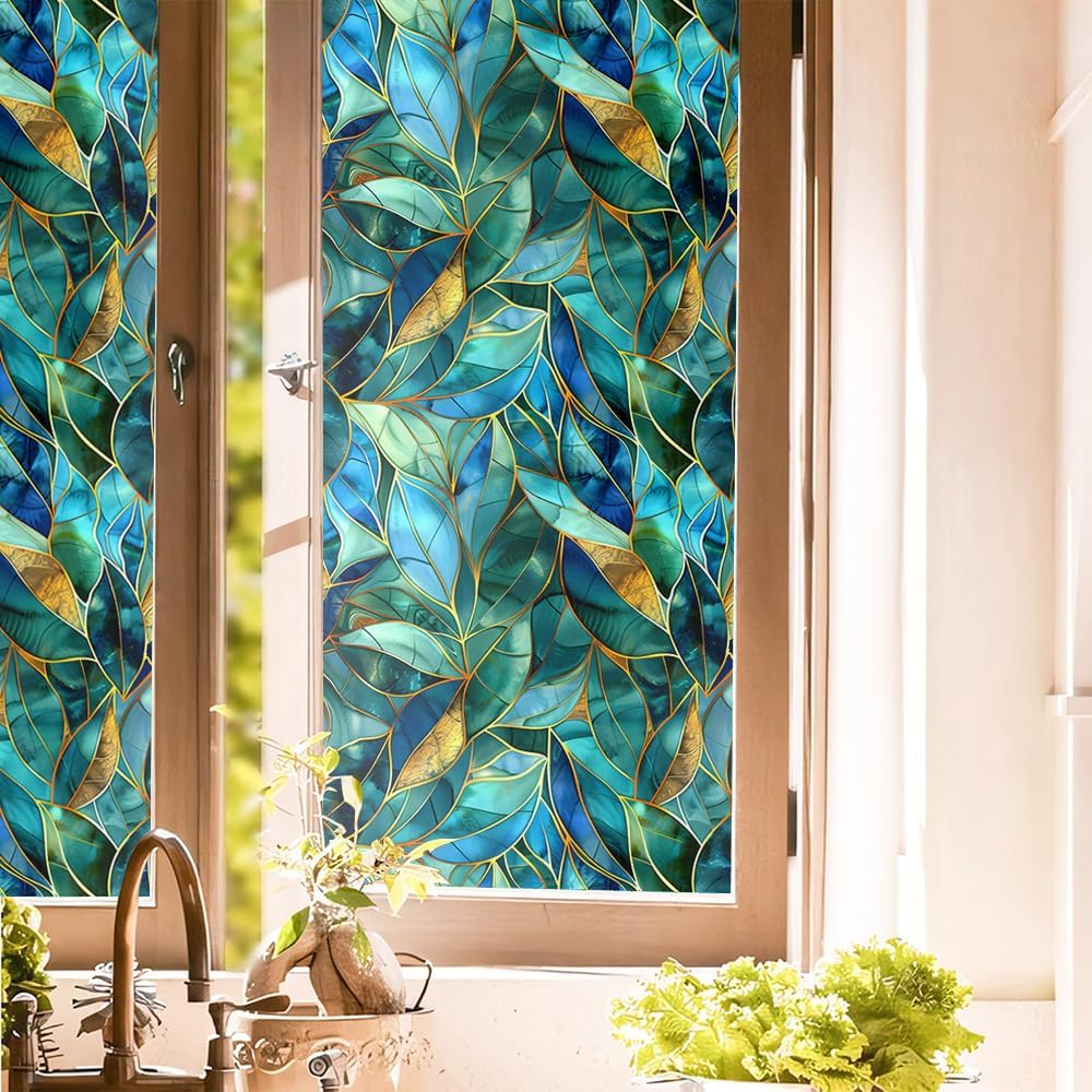 Amazon.com: REDAMANCY Golden Blue Green Leaf Modern Stained Glass Window Films Decorative Double ...