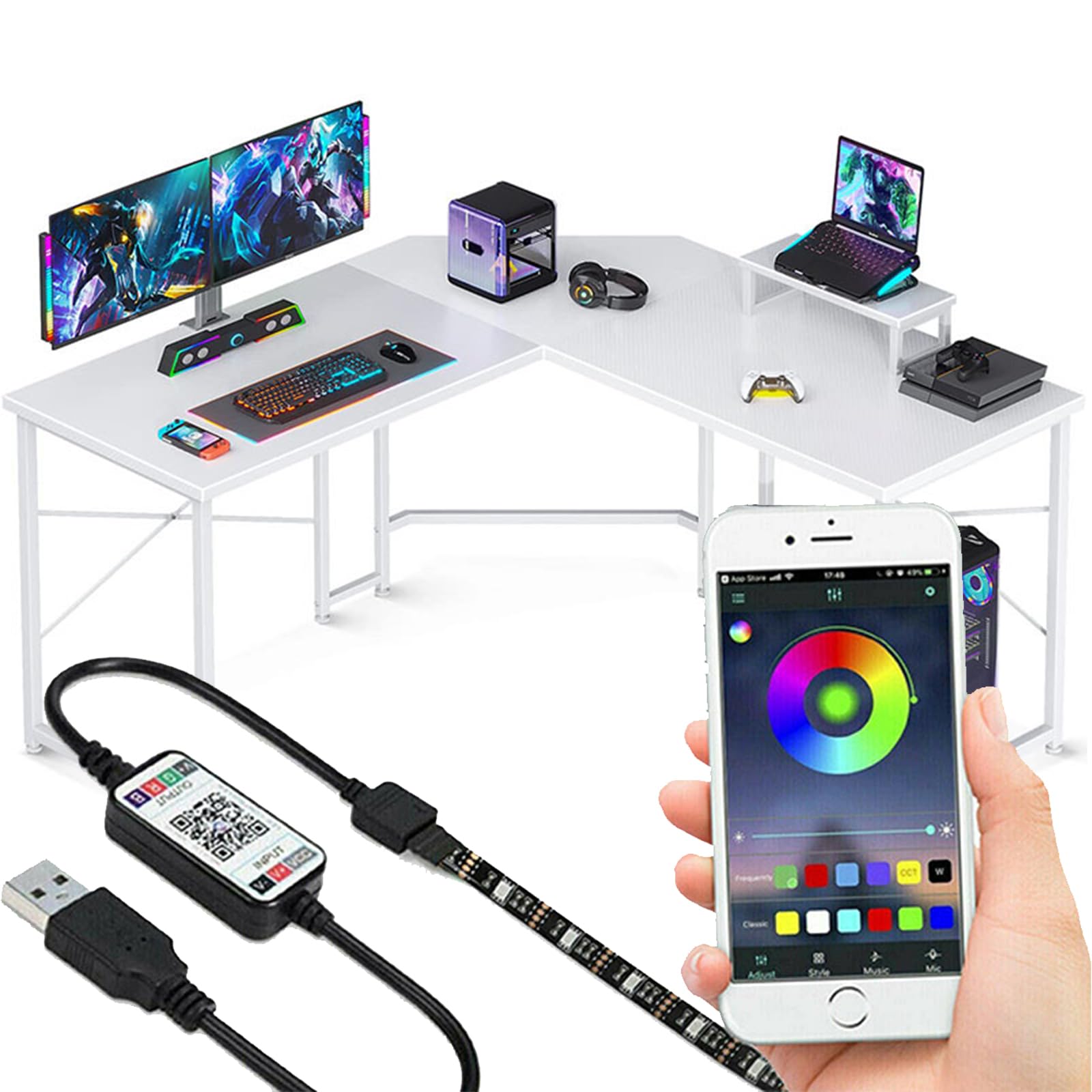 Buy L-Shaped Gaming Table with Light Strip-130cm Home Office Desk With ...
