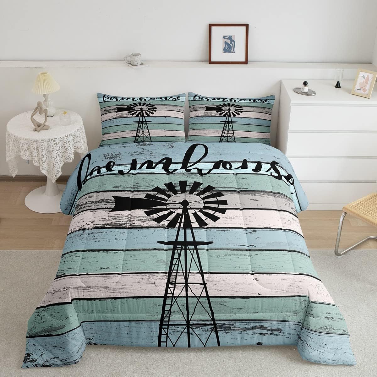 Amazon.com: Feelyou Rustic Country Windmill Comforter Set Teal Blue ...