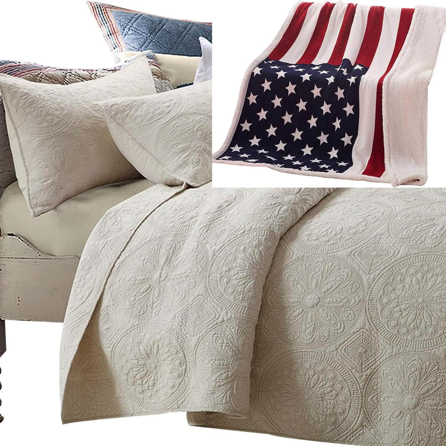 Amazon.com: Brandream Beige Quilts Queen Size Coverlet Set Cotton ...