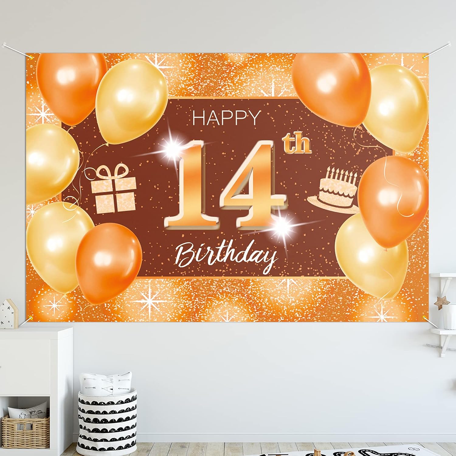 Amazon.com: Happy 14th Birthday Backdrop Banner Decor Orange – Glitter ...