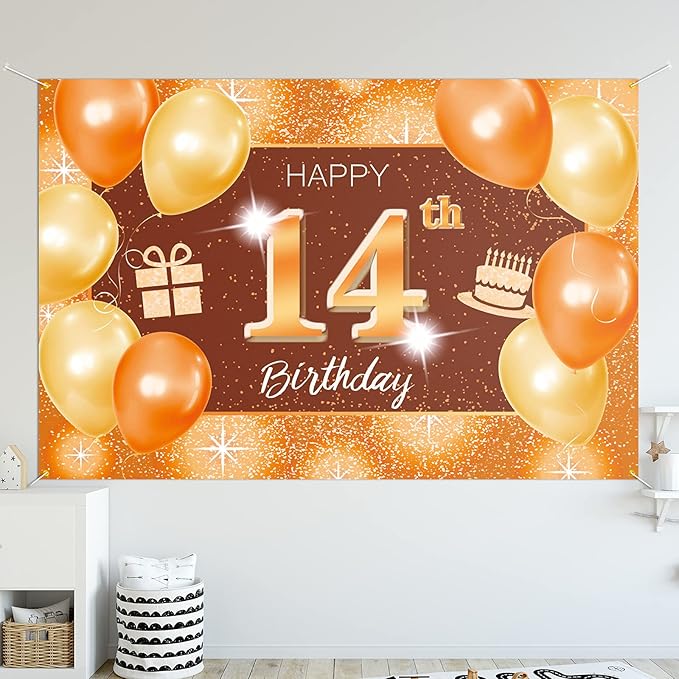 Amazon.com: Happy 14th Birthday Backdrop Banner Decor Orange – Glitter ...