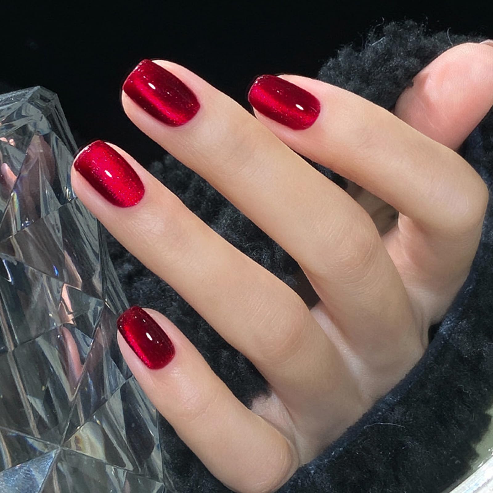 Amazon.com: Red Cat Eye Press on Nails Short Acrylic Nails Square Gel ...