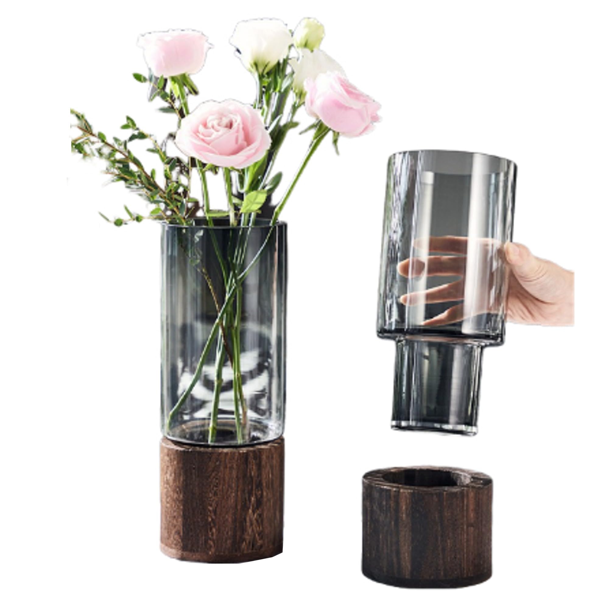 Amazon.co.jp: Asdays 花瓶 ガラス 木製 フラワーベース 北欧 インテリア おしゃれ 円柱 リビング 寝室 大きい 透明 (12×30cm) : ホーム＆キッチン