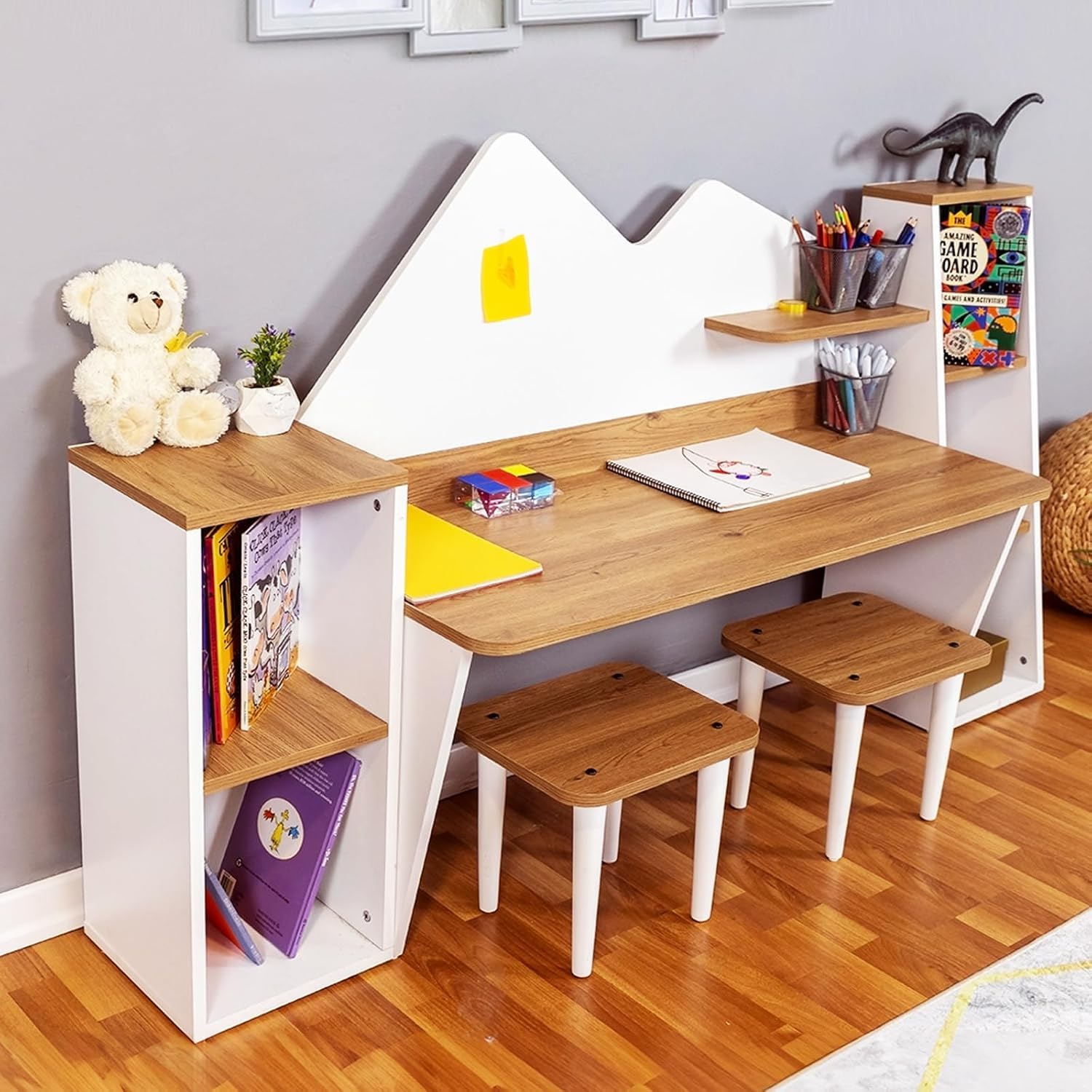 Amazon.com: LAWA FURNITURE Kid's Study Desk with Bookshelf + 2 Stools ...