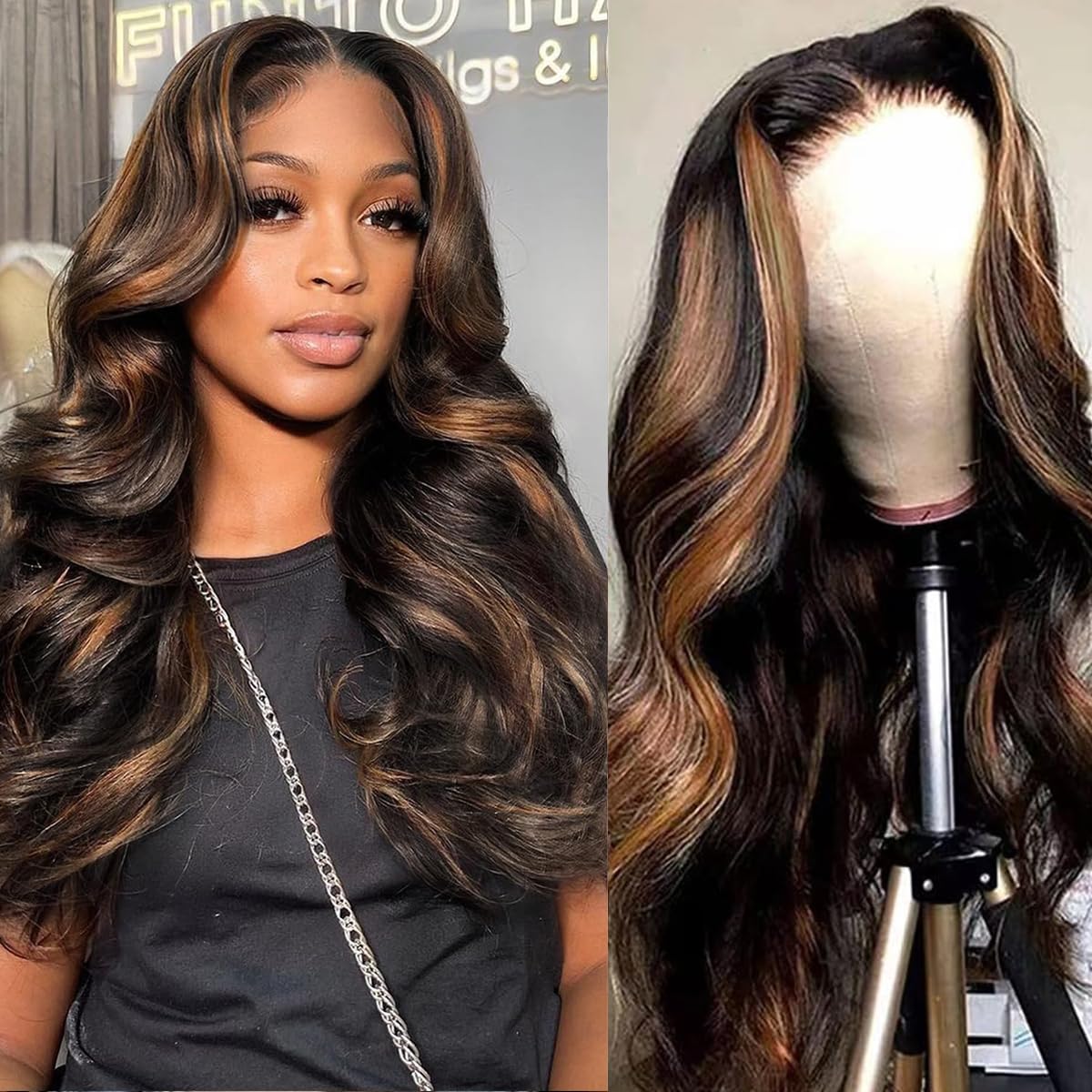 Amazon.com : hogu 13x6 Lace Front Wigs Human Hair Body Wave Highlight ...