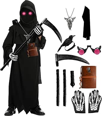Amazon.com: Grim Reaper Halloween Costume with Glowing Red Eyes Adults ...