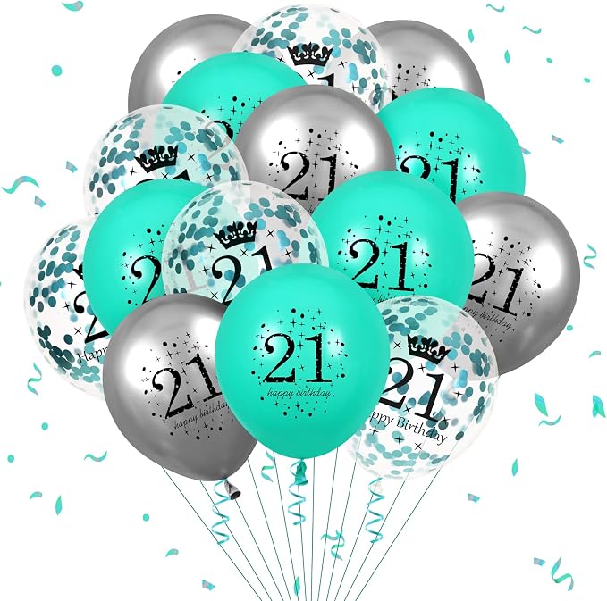 Amazon.com: Rumia 15PCS Teal Silver 21st Happy Birthday Balloons for ...