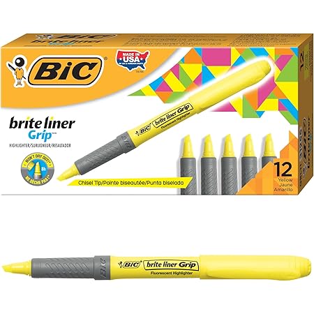 BIC Highlighter Grip Pens - Yellow, Box of 12 : Amazon.co.uk ...