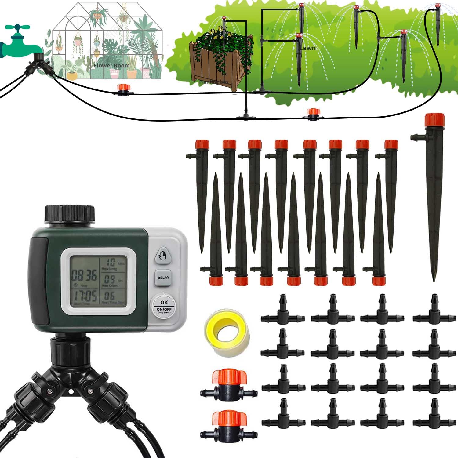 Amazon.com : Auto Drip Irrigation Kit with Water Timer 65.5 Feet, 1/4 ...