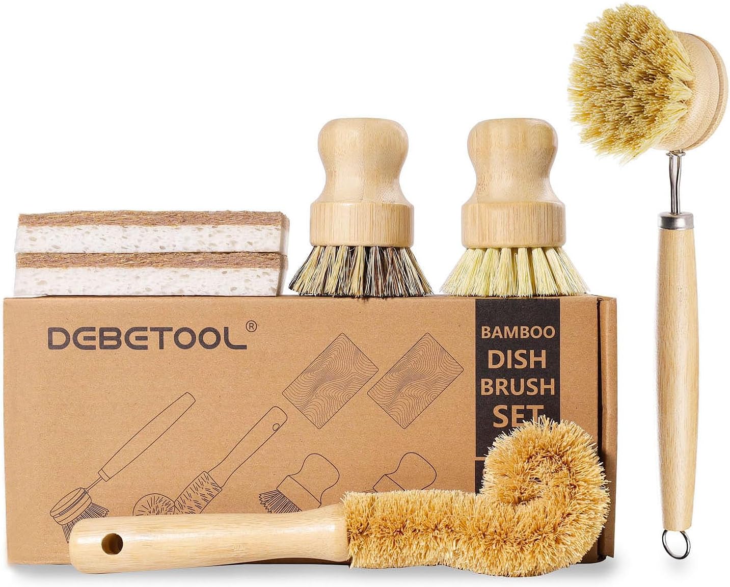 Amazon.com: Natural Bamboo Dish Brush Set with Holder - Eco Friendly ...