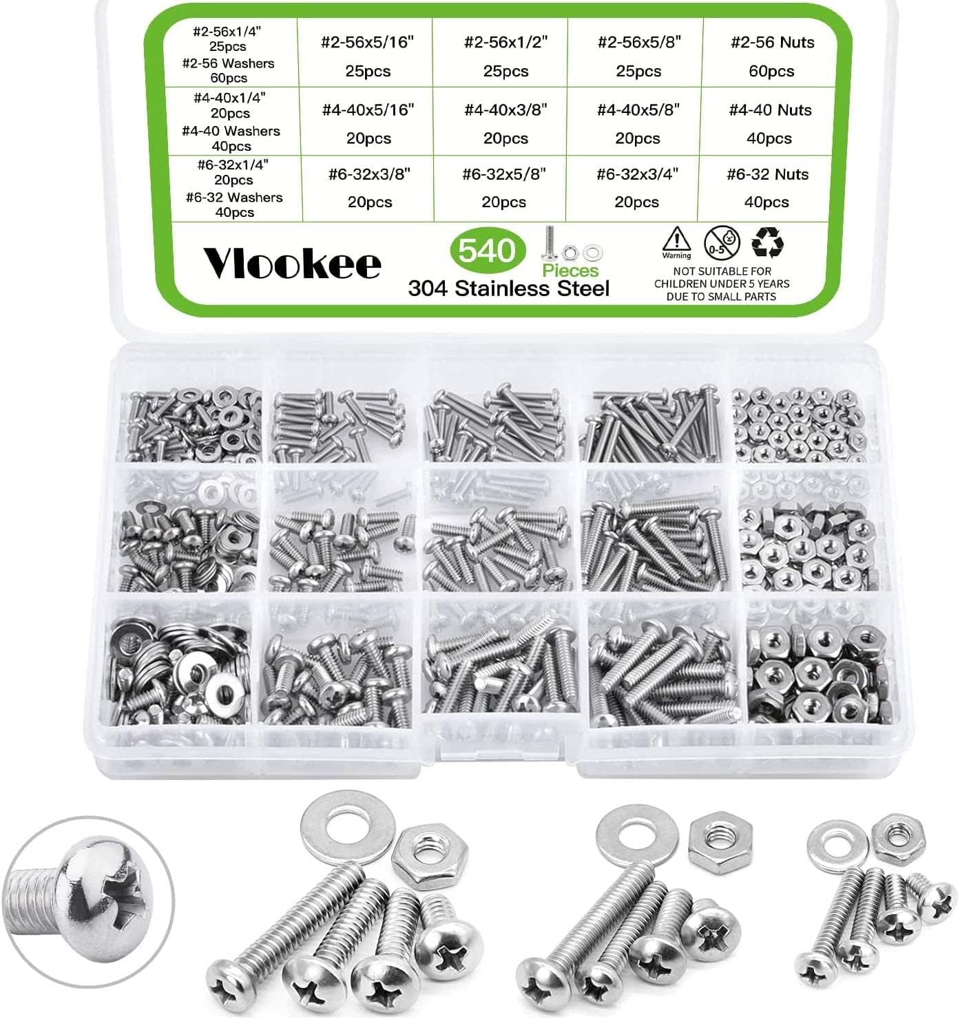 500 PCS Bolts Nuts kit M3 M4 M5 Screw Sets Stainless Steel Hex Button ...